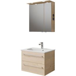 Badm&ouml;bel-Set &raquo;Serie 6025 2-teilig Mineralmarmor-Waschtisch mit LED-Spiegelschrank&laquo; 2 Stk. tlg. braun Holzwerkstoff B/H/T: 67cmcm x 200cmcm x 48cmcm, 