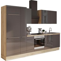 KOCHSTATION K&uuml;chenzeile &raquo;KS-Aken&laquo; Breite 300 cm, wahlweise mit E-Ger&auml;ten, mit Arbeitsplatte 38 mm stark grau B/H/T: 300cm x 212cm x 60cm, ohne E-