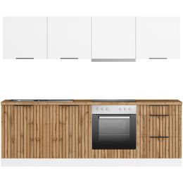 KOCHSTATION K&uuml;chenzeile &raquo;KS-Lagos2, Breite 240 cm&laquo; wahlweise mit E-Ger&auml;ten, mit 38mm starker Arbeitsplatte wei&szlig; B/H/T: 240cm x 200cm x 60cm,mit E-