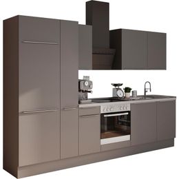 KOCHSTATION K&uuml;chenzeile &raquo;KS-Aken&laquo; Breite 300 cm, wahlweise mit E-Ger&auml;ten, mit Arbeitsplatte 38 mm stark grau B/H/T: 300cm x 212cm x 60cm, ohne E-