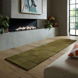 FLAIR RUGS Wollteppich &raquo;CHECKERBOARD&laquo; rechteckig 10 mm H&ouml;he Hoch-Tief-Effekt, Wohnzimmer, Schlafzimmer, 100 % Wollflor gr&uuml;n Wolle B : 60cm 1 Stk., 
