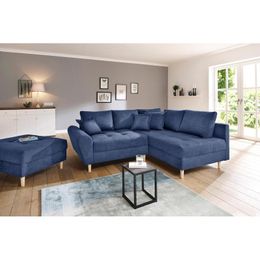 Home Affaire Ecksofa &raquo;Rice L-Form, B: 223 cm - OTTO. Verl&auml;ssliche Qualit&auml;t.&laquo; Set: Sofa & Hocker, 3 Zierkissen, Federkern blau Luxus-Microfaser (100% 