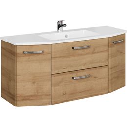 Waschtisch &raquo;Quicket 318, mit Mineralmarmorbecken, 112cm breit&laquo; 2 Stk. tlg. braun Holzwerkstoff Griffe Chrom Glanz, B/H/T: 112cm x 53,5cm x 48cm