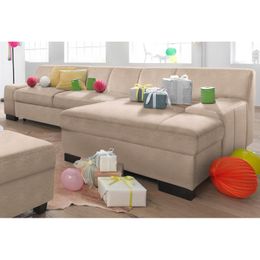 DOMO collection Ecksofa &raquo;Norma, elegant & modern, mit flachen Armlehnen, Breite 268cm, L-Form&laquo; wahlweise mit Bettfunktion beige NaturLEDER in Sitz und