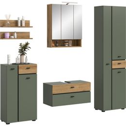 Welltime Badm&ouml;bel-Set &raquo;VANN, 6-teilige moderne Badkombination, inkl. Beleuchtung&laquo; Midischrank, 2er Set Wandregal, WBU, Spiegelschrank, Hochschrank, 6 