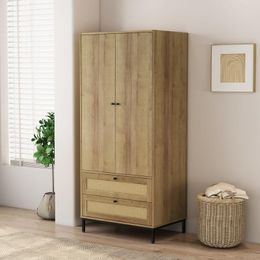 OTTO home Kleiderschrank &raquo;Motala Schlafzimmerschrank Garderobe Boho Eichen-Design&laquo; Moderne schwarze Griffe, Schublade mit Geflecht, 