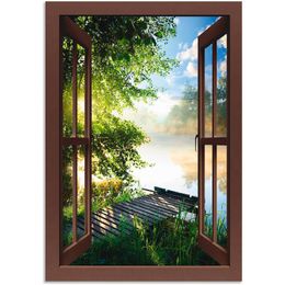 Artland Wandbild &raquo;Fensterblick Angelsteg am Fluss&laquo; Fensterblick 1 Stk. tlg. als Alubild, Leinwandbild, Poster in verschied. Gr&ouml;&szlig;en braun B/H/T: 70cm x 100cm, 