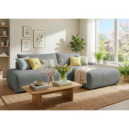 Trendmanufaktur Ecksofa &raquo;Prag, Schlafsofa mit Bettkasten, Couch in L-Form, Breite 253 cm&laquo; in feinem Strukturstoff, grau, Recamiere rechts grau 95%