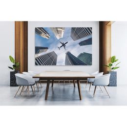 queence XXL-Wandbild &raquo;Akustikbild Flugzeug Wolkenkratzer&laquo; Architektonische Elemente Flugzeuge Frankfurt am Main Geb&auml;ude Himmel Himmelsbilder 1 Stk. 