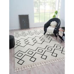 MyFlair Hochflor-Teppich &raquo;Moroccan Mural&laquo; rechteckig 24 mm H&ouml;he modern, marokkanisches Design, flauschig weich, mit Fransen schwarz-wei&szlig; Polyester, 