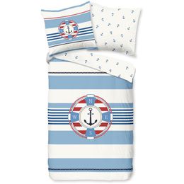 PURE luxury collection Wendebettw&auml;sche &raquo;Selin&laquo; 3 Stk. Mikrofaser, Pflegeleicht, Rei&szlig;verschluss, Wendeoptik, Maritim, Anker blau Microfaser, 