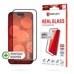 Displex Displayschutzglas &raquo;Real Glass FC&laquo; f&uuml;r Apple iPhone 15;Apple iPhone 15 Pro Displayschutzfolie Displayschutz kratzer-resistent 10H splitterfest 