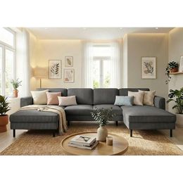 Home Affaire Wohnlandschaft &raquo;Booster II, whlw. mit Schlaffunktion & Bettkasten, Fu&szlig; schwarz&laquo; Sofa in U-Form, Breite 305 cm, in Cord oder Struktur LEO 