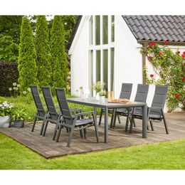 siena GARDEN Garten-Essgruppe &raquo;Milano / Ancona&laquo; Set, bestehend aus 6 Sesseln und 1 Tisch 220x100cm, 7 Stk. tlg. aus pulverbeschichtetem Aluminium, verstellbar grau
