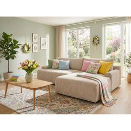 Trendmanufaktur Ecksofa &raquo;Prag, Schlafsofa mit Bettkasten, Couch in L-Form, Breite 253 cm&laquo; in Cordstoff HYPER, cream, Recamiere rechts beige 92%