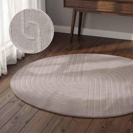 vikosa Wollteppich &raquo;Arcura&laquo; rund 15 mm H&ouml;he Wolle Handgemacht, Hoch-Tief-Effekt, Geometrisches Linien Wellendesign Wolle &Oslash; 150cm 1 Stk., 15mm, &Oslash; 150cm