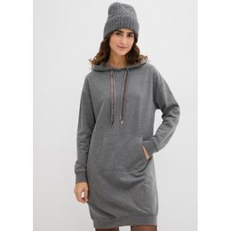 bonprix Damen bonprix Sweatkleid &raquo;Sweatkleid mit Baumwolle&laquo; K&auml;ngurutasche mit Kapuze, aus Baumwolle und Viskose, lockere Passform grau 32/34 (XS), N-