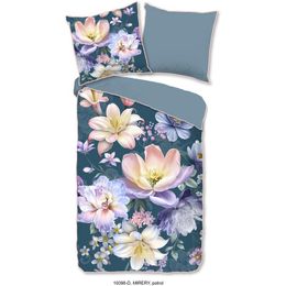 Descanso Wendebettw&auml;sche &raquo;Mirery&laquo; 3 Stk. Satin, Rei&szlig;verschluss, Paspel, Biese, Wendeoptik, Luxe, Blumen, Petrol blau Renforc&eacute;, Obermaterial: 100% Baumwolle B/L