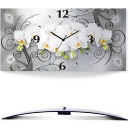 Artland Wanduhr &raquo;wei&szlig;e Orchideen auf Ornamenten&laquo; wahlweise mit Quarz- oder Funkuhrwerk, lautlos ohne Tickger&auml;usche grau B/H/T: 60cm x 30cm x 0,3cm, Funkuhr