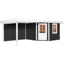 Weka Gartenhaus &raquo;Designhaus 213 Plus&laquo; mit Anbaudach und R&uuml;ckwand grau Massivholz Fu&szlig;boden im Gartenhaus, R&uuml;ckwand, ohne Dacheindeckung