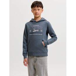 Jack & Jones Kinder Kapuzensweatshirt "JJELOGO SWEAT HOOD 2 COL AW26 SN JNR", blau, Gr. 140, JACK & JONES JUNIOR, bedruckt, angeraute Sweatware, Obermaterial: 70%