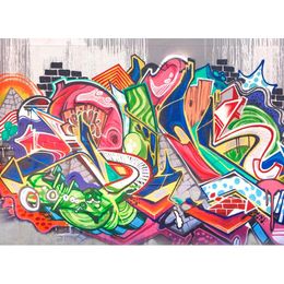 Livingwalls living walls Fototapete &raquo;Graffiti Vlies&laquo; glatt Fototapete Graffitiwand Betonoptik Bunt Grau 3,50 m x 2,55 m bunt Vlies B/L: 3,5m x 2,55m