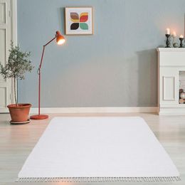 Theko Teppich &raquo;Happy Cotton Fleckerl, handgewebt&laquo; rechteckig 5 mm H&ouml;he Flachgewebe, reine Baumwolle, meliert, mit Fransen, auch als L&auml;ufer wei&szlig; 