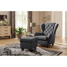 Home Affaire Ohrensessel &raquo;Alexander, B: 92 cm, Sitzh&ouml;he: 44 cm&laquo; Set: mit Hocker grau Samtvelours (100% Polyester);Struktur fein (100% Polyester) 