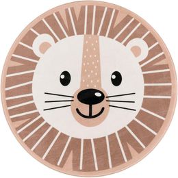 Paco Home Kinderteppich &raquo;Chicos 556&laquo; rund 2 mm H&ouml;he Flachgewebe, Motiv L&ouml;we, Kinderzimmer beige Polyester &Oslash; 80cm 1 Stk., 2mm, &Oslash; 80cm