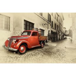 papermoon Fototapete &raquo;Rotes Auto in altem Foto&laquo; bunt Vlies B/L: 3,5m x 2,6m, Bahnen: 7 Stk.