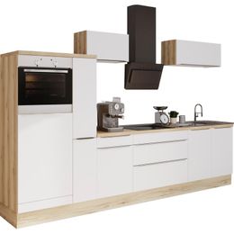 KOCHSTATION K&uuml;chenzeile &raquo;KS-Aken&laquo; Breite 330 cm, wahlweise mit E-Ger&auml;ten, mit Arbeitsplatte 38 mm stark wei&szlig; B/H/T: 330cm x 180,4cm x 60cm, ohne E-