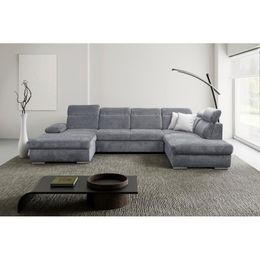 WERK2 Wohnlandschaft &raquo;Cordoba 359 x 232 cm inkl. Bett modern und bequem&laquo; Struktur weich, U-Form, XXL, Schlaffunktion, Bettkasten grau 100% Polyester B