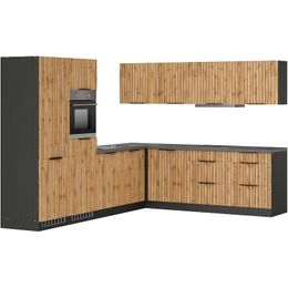 KOCHSTATION Winkelk&uuml;che &raquo;KS-Lagos, Stellbreite 300/240 cm&laquo; wahlweise mit E-Ger&auml;ten, Sp&uuml;le edelstahl oder schwarz beige B/H/T: 300cm x 200cm x 60cm,mit
