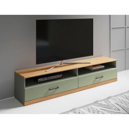 OTTO home Lowboard &raquo;Ribe,140cm breit,38cm hoch mit 2 Klappen,Oberplatte aus Massivholz&laquo; Eiche massiv,Melamin in Salbeigr&uuml;n,schwarze Metall Griffe gr&uuml;n