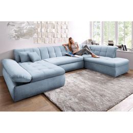 DOMO collection Wohnlandschaft &raquo;NMORIC im XXL-Format, 353x216x80 cm, inkl. Zierkissen U-Form&laquo; wahlweise mit Bettfunktion und Armlehnenverstellung blau