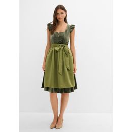 bonprix Dirndl und Sch&uuml;rze (2-tlg.Set), gr&uuml;n, Gr.50, Modern und feminin: Dirndl aus Samt mit herzf&ouml;rmigen Ausschnitt und R&uuml;schen&auml;rmel sowie einer Sch&uuml;rze aus gl&auml;nzendem Satin