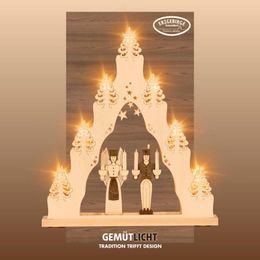 Weigla LED Schwibbogen &raquo;Engel & Bergmann, Lichterspitze aus Holz, NATUR-BRAUN, Made in Germany&laquo; Erzgebirge garantiert, Weihnachtsdeko Innen, 