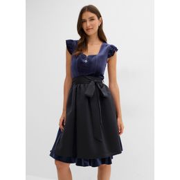bonprix Dirndl und Sch&uuml;rze (2-tlg.Set), blau, Gr.48, Modern und feminin: Dirndl aus Samt mit herzf&ouml;rmigen Ausschnitt und R&uuml;schen&auml;rmel sowie einer Sch&uuml;rze aus gl&auml;nzendem Satin