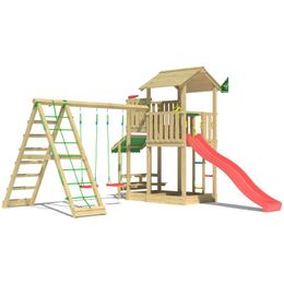 Jungle Gym Spielturm &raquo;Veranda&laquo; Spielanlage mit Schaukel, Kletterbock und Rutsche mit Wasseranschluss rot Holzwerkstoff Einheitsgr&ouml;&szlig;e