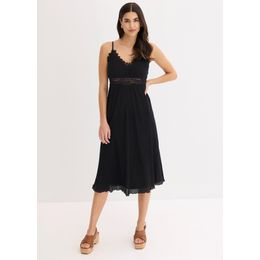 bonprix Midikleid mit Spitzeneinsatz, schwarz, Gr.42, Stylisches Kleid mit tiefem Ausschnitt, 100% Baumwolle