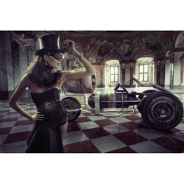 papermoon Fototapete &raquo;STEAMPUNK-FRAU SEXY FANTASIE SURREAL KUNST RETRO AUTO&laquo; bunt Vlies B/L: 5m x 2,8m, Bahnen: 10 Stk.