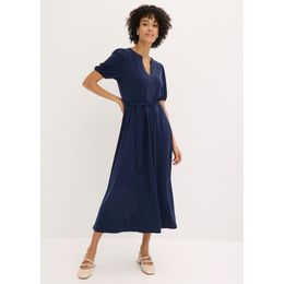 bonprix Midikleid mit Bindeg&uuml;rtel aus Viskose-Piqu&eacute; (2-tlg.Set), blau, Gr.44/46 (L), schwingendes Midikleid aus Viskose-Pikee mit Bindeg&uuml;rtel