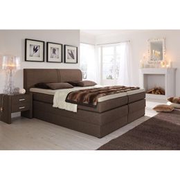 Hapo Boxspringbett mit Bettkasten braun Kopfteil, seitliche Unterbox und Obermatratze sind mit pflegeleichtem Feinstrukturstoff in Leinenoptik (100% 