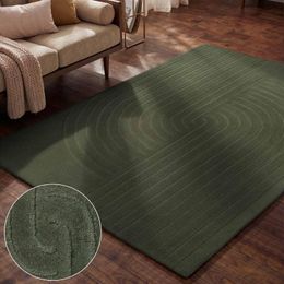 vikosa Wollteppich &raquo;Arcura&laquo; rechteckig 15 mm H&ouml;he Wolle Handgemacht, Hoch-Tief-Effekt, Geometrisches Linien Wellendesign gr&uuml;n Wolle B : 200cm 1 Stk., 