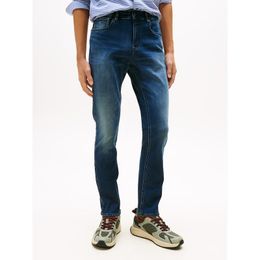 Tommy Jeans Herren Gerade Jeans &raquo;Scanton Slim&laquo; Mit Markenlabel aus Leder hinten blau 30, L&auml;nge 34
