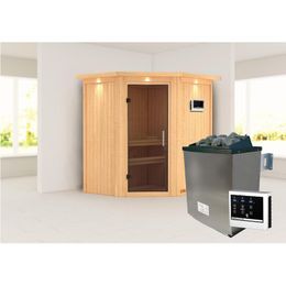 Karibu Sauna &raquo;&raquo;Liyah&laquo; mit graphitfarbene T&uuml;r und Dachkranz&laquo; in verschiedenen Ausf&uuml;hrungen erh&auml;ltlich beige Saunaofen, externe Steuerung, (ohne Ofen)