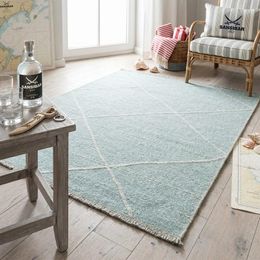 Sansibar Teppich &raquo;Braderup&laquo; rechteckig 2 mm H&ouml;he Flachgewebe, modernes Scandi Design, Motiv Rauten, mit Fransen blau Schurwolle B : 120cm 1 Stk., 2mm, L: 170cm
