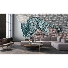 Livingwalls living walls Vliestapete &raquo;Leoparden-Tapete mit Retro-Muster T&uuml;rkis Braun&laquo; matt glatt Vlies B/L: 2,5m x 5m, Rollen: 1