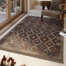 Wollteppich &raquo;Migny&laquo; rechteckig 5 mm H&ouml;he Fransen, Kelim, handgewebt, Natur, Wohnzimmer, Schlafzimmer, Raute braun Wolle B : 80cm 1 Stk., 5mm, L: 150cm