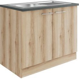 Optifit Sp&uuml;lenschrank &raquo;Bella&laquo; Breite 100 cm, mit Edelstahl-Einbausp&uuml;le beige Holzwerkstoff wildeiche, B/H/T: 100cm x 84,8cm x 60cm, T&uuml;ren: 2 Stk.